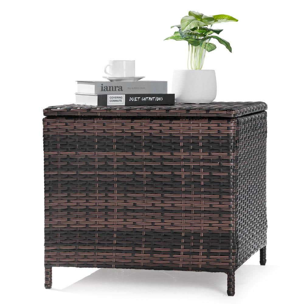 VINGLI Brown Square Wicker Outdoor Side Table with Storage 27 Gallon ...