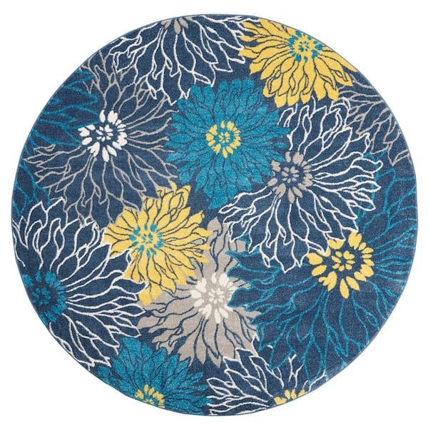 Nourison Passion Blue 8 ft. x 8 ft. Floral Contemporary Round Rug ...