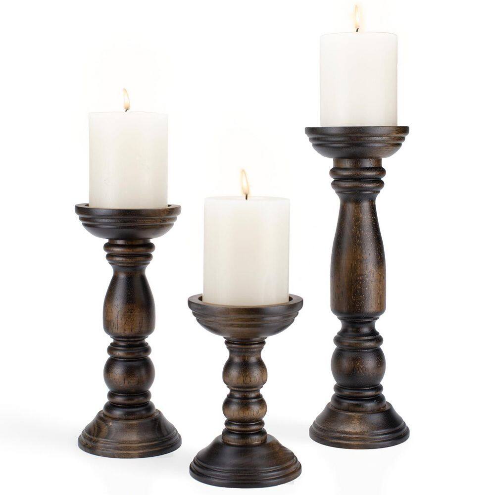 Farmhouse Wooden Candle Holders Set of 3, Rustic Dark Brown Pillar ...