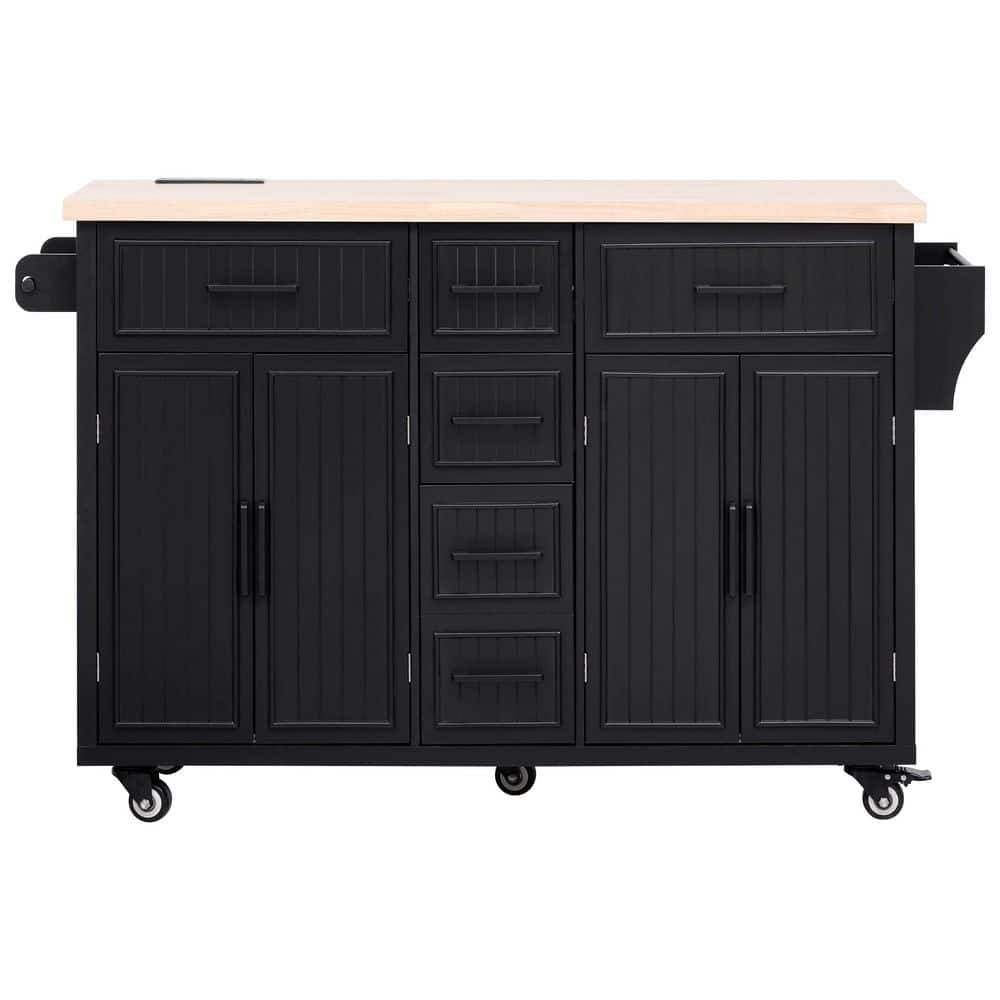 56.5 in. MDF Black Kitchen Cart with Cabinets, Drop Leaf, Power Outlet ...