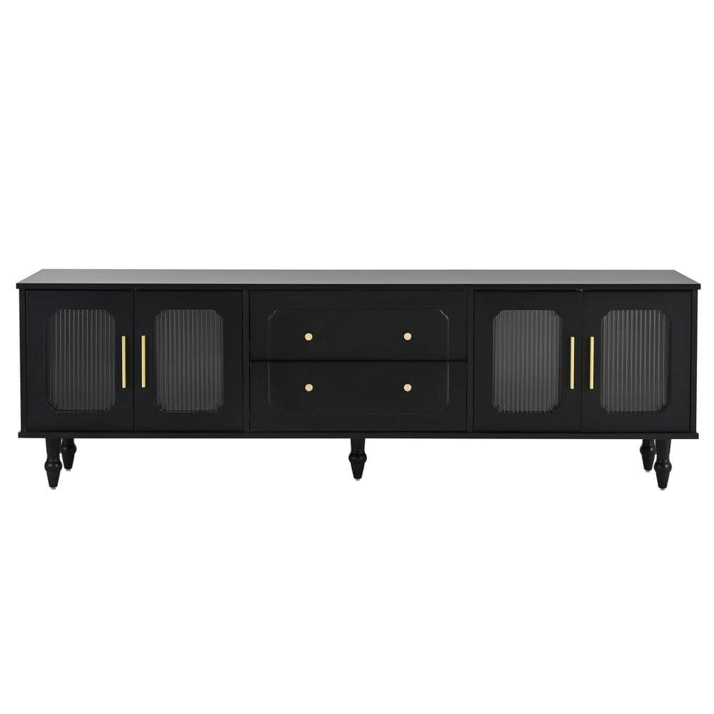Clihome Retro Design Black TV Stand with Fluted Glass Doors and 2 ...