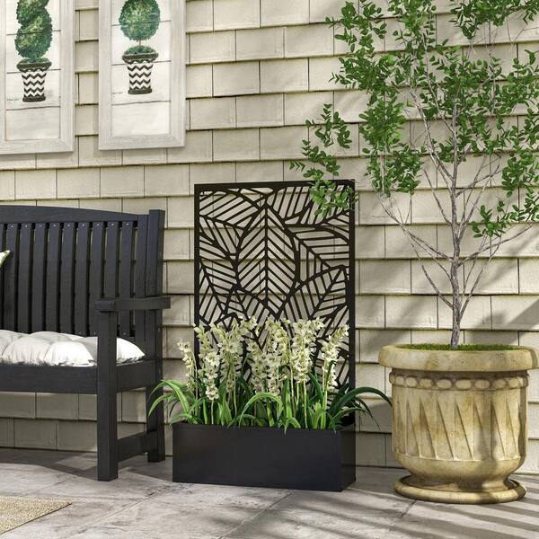 Outsunny Outdoor Privacy Screen with Planter Box, Black, Metal Privacy ...