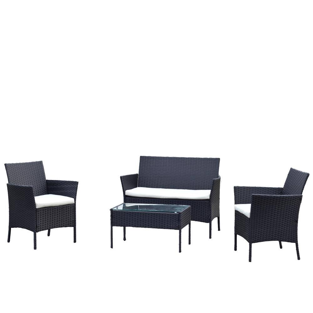 Yangming Outdoor Black 4-Piece Wicker Furniture Set Patio Conversation ...