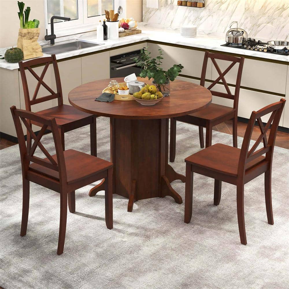Costway Walnut Wood Top Pedestal 42 in. Kitchen Round Dining Table with ...
