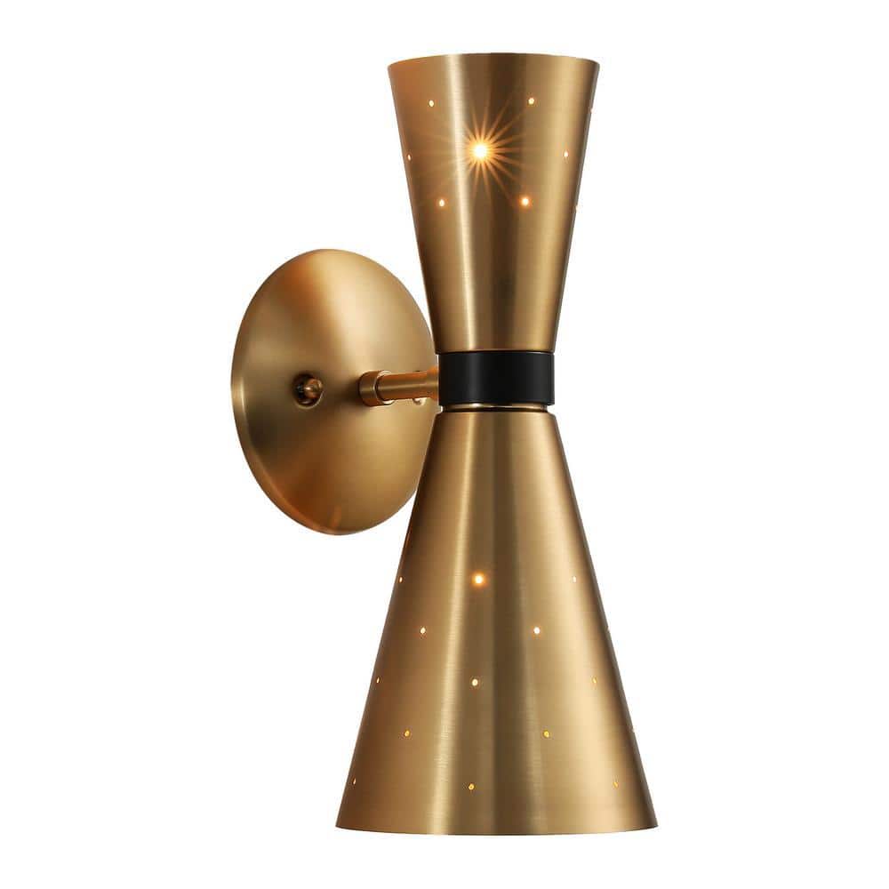 PAUMAN 5.51 in. 2-Light Horn Pinhole Gold Wall Sconce with Up and Down ...
