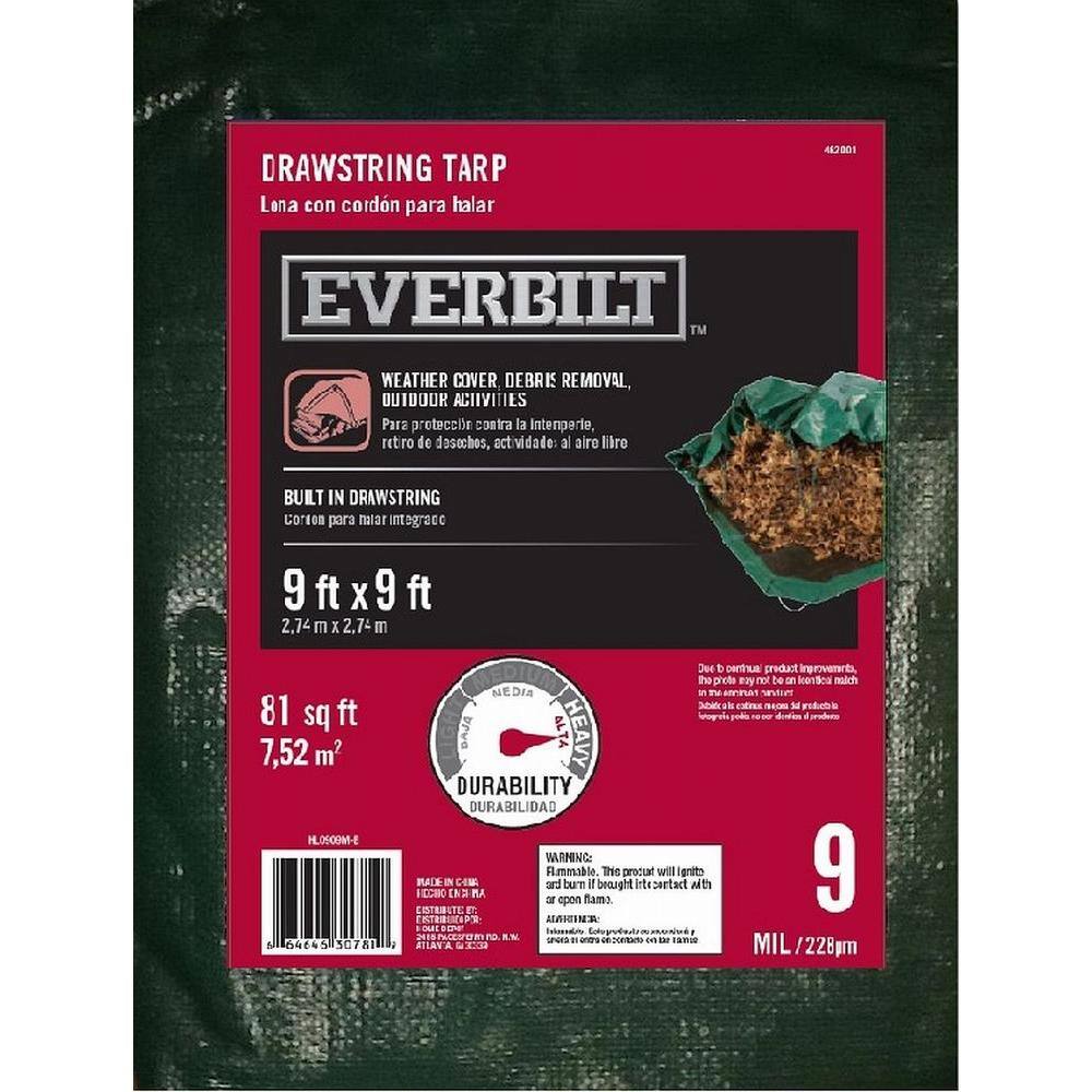 Everbilt 9 ft. x 9 ft. Black and Green Medium Duty Drawstring Tarp ...