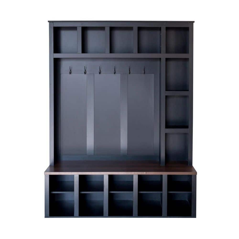 Polibi Farmhouse Hall Tree with 6 Hooks, Walnut Storage Bench with ...