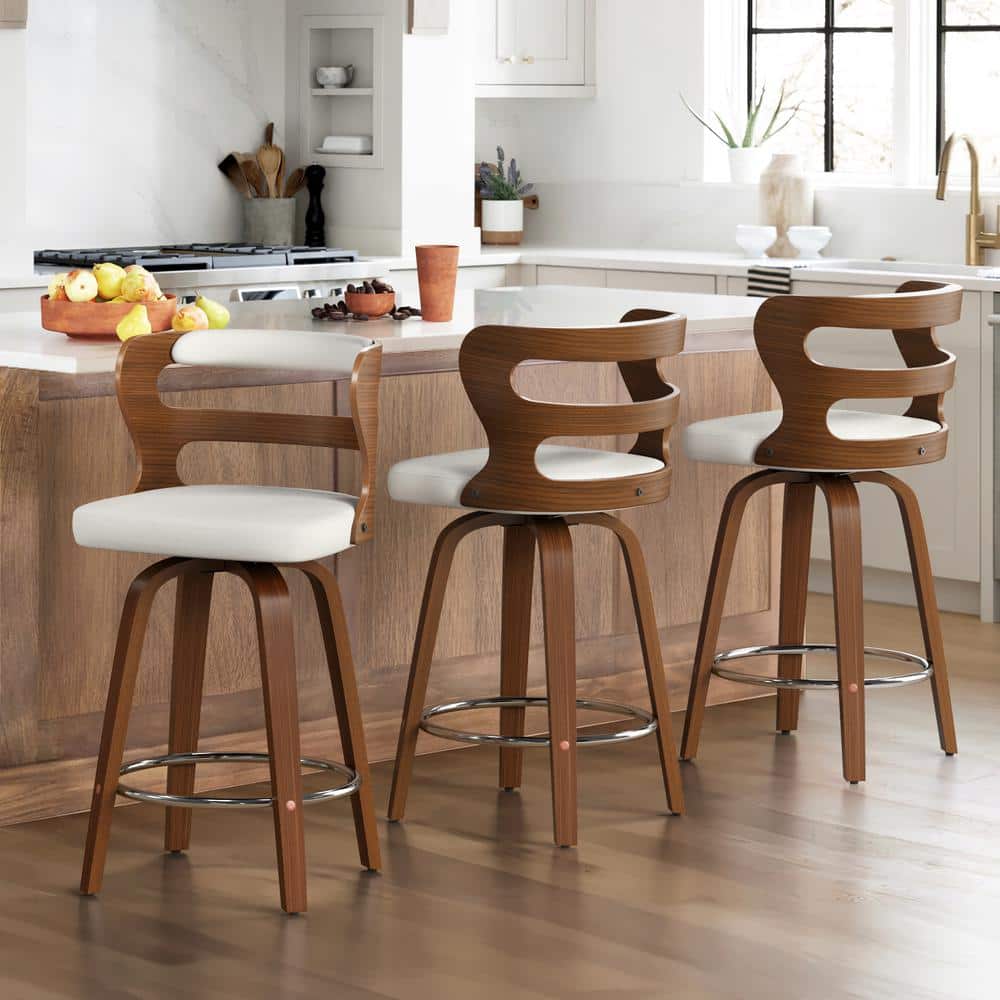 OrangeOne Arabela 26 in. White Solid Wood Swivel Bar Stool Faux Leather ...