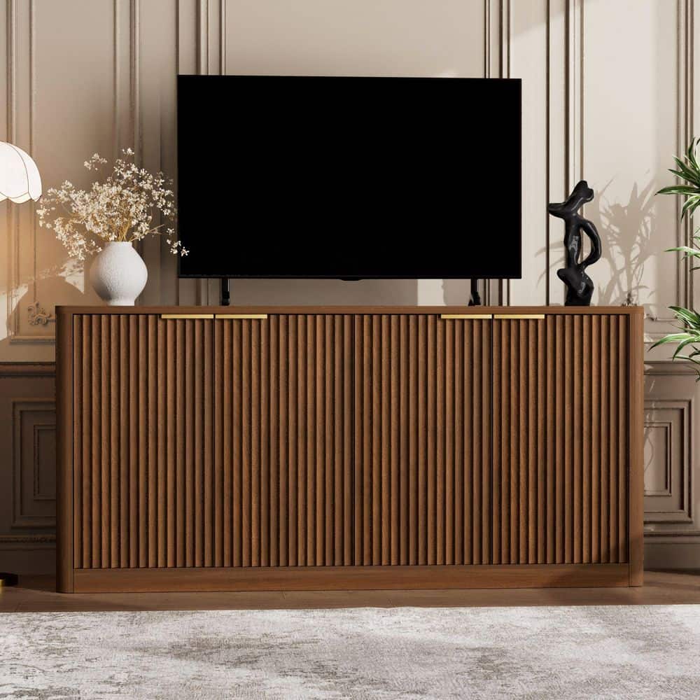 Seafuloy 59 in. W Walnut Finish Wavy TV Stand Fits TVs up to 60 in ...