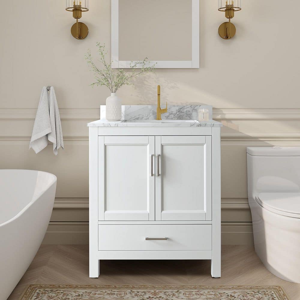 SJ STAR&JANE Kiele 30 in. W x 22 in. D x 34 in. H Bath Vanity in White with White Carrara Marble ...