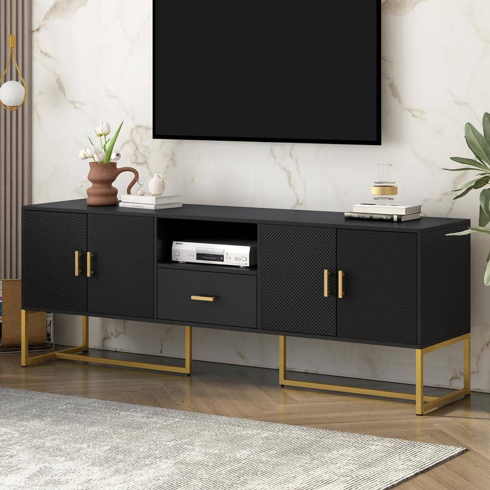 Polibi Black TV Stand Fits TV's up to 70 in. with 1-Drawer, 2-Cabinets ...