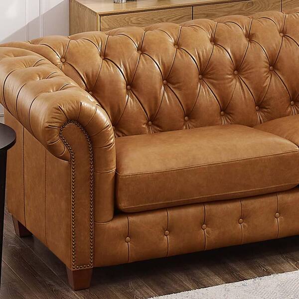Hydeline Kingston 88.5 in. Rolled Arm Top Grain Leather Rectangle 3 Seater Sofa in. Saddle 6839 30 1723