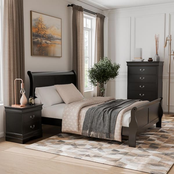 Furniture of America 3 Piece Burkhart Black Wood King Bedroom Set Bed and Nightstand With Chest EC 7866BK EK3PC The Home Depot