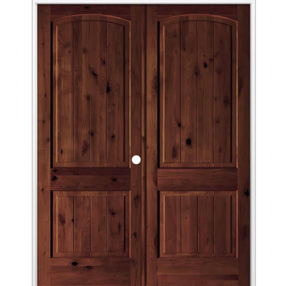 Krosswood Doors 48 in. x 96 in. Rustic Knotty Alder 2-Panel Arch Top VG Left Active Red Mahogany ...