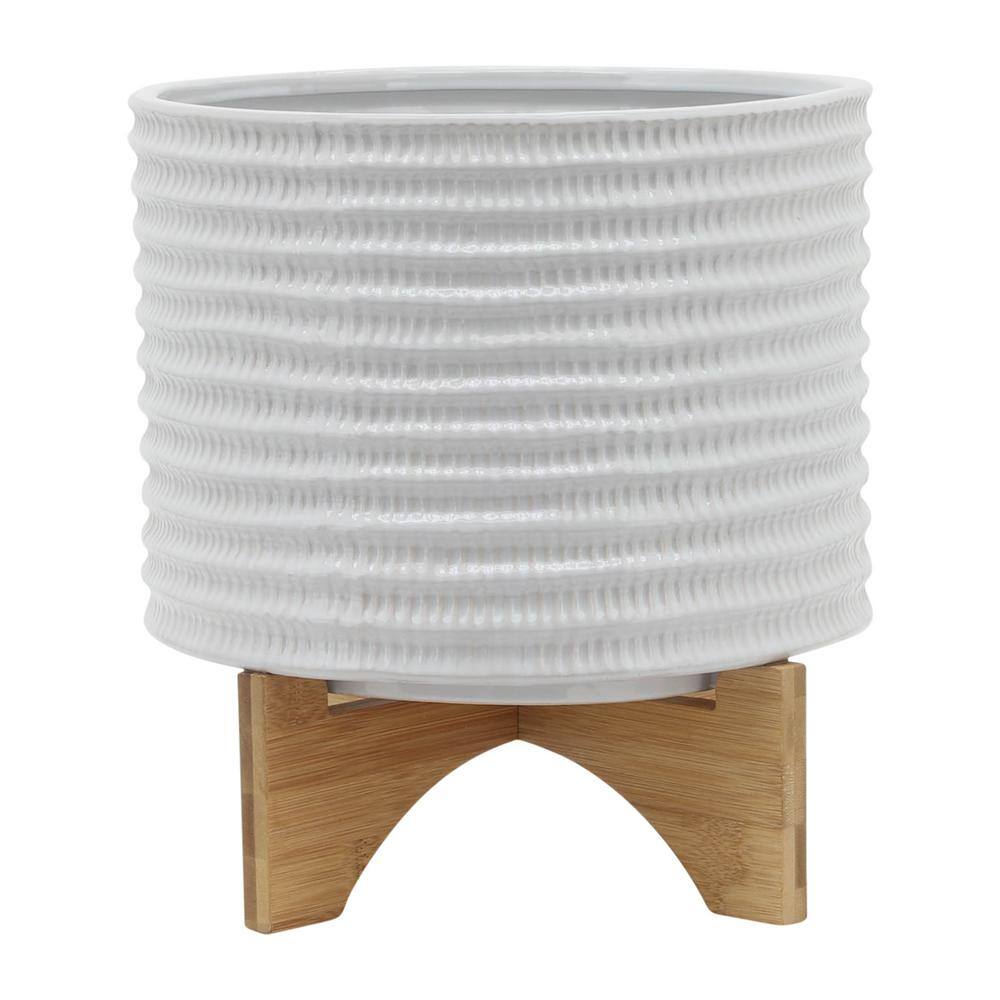 HOTEBIKE 11 in. x 11 in. White Ceramic Textured Planter Pots with Stand ...