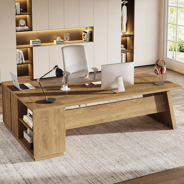 BYBLIGHT Capen 78.7 in. L Shaped Brown&White Wood Executive Desk with 3 ...