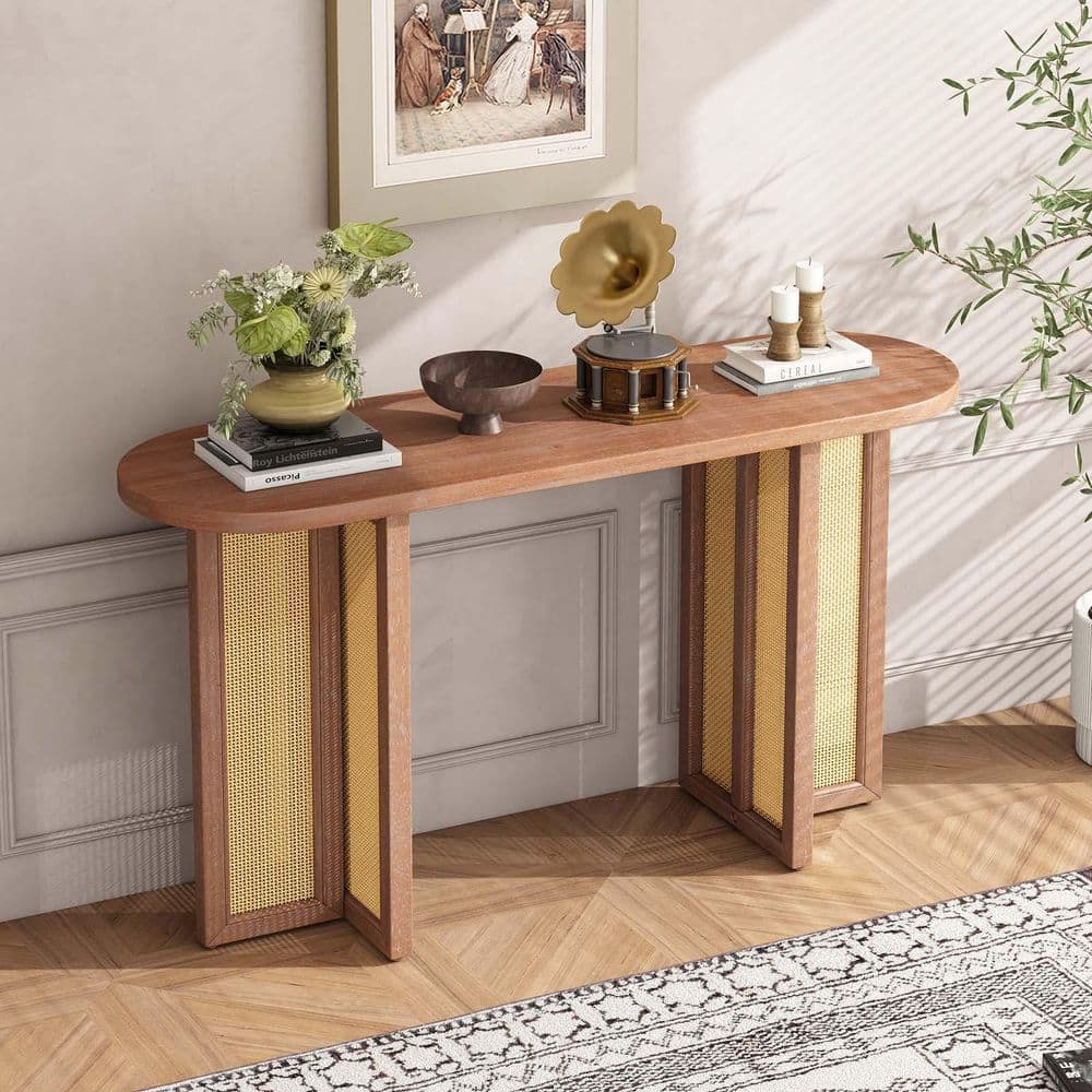 47.8 in. Natural Wood Oval MDF Farmhouse Rattan Console Table Entryway ...