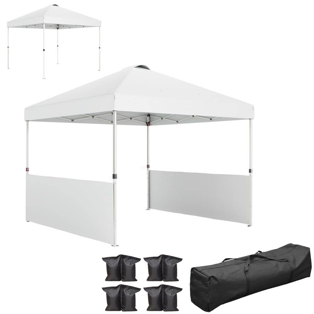 10 ft. x 10 ft. White Pop-Up Canopy Party Tent with 2 Half Sidewall 8 Drain Holes Wheeled Carry ...