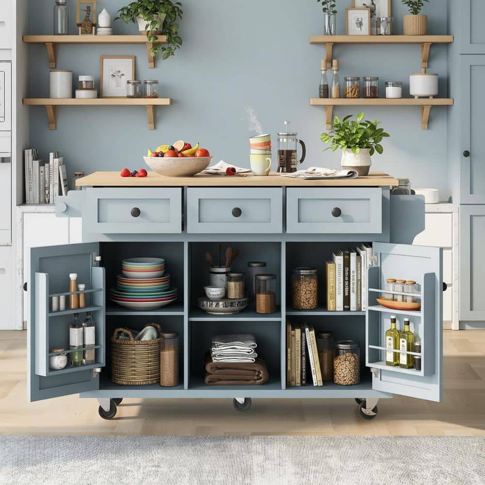 Runesay Blue Rubberwood Drop-Leaf Countertop 53.1 in. Kitchen Island ...