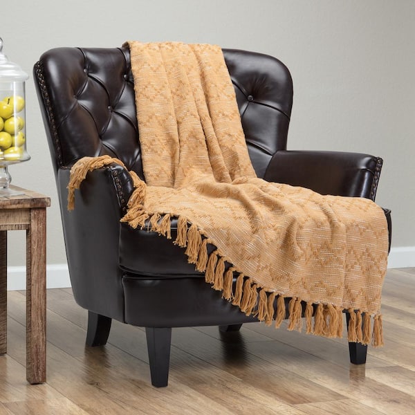 CHANASYA Rustic Golden Modern Diamond Cotton Throw Blanket with Tassels ...