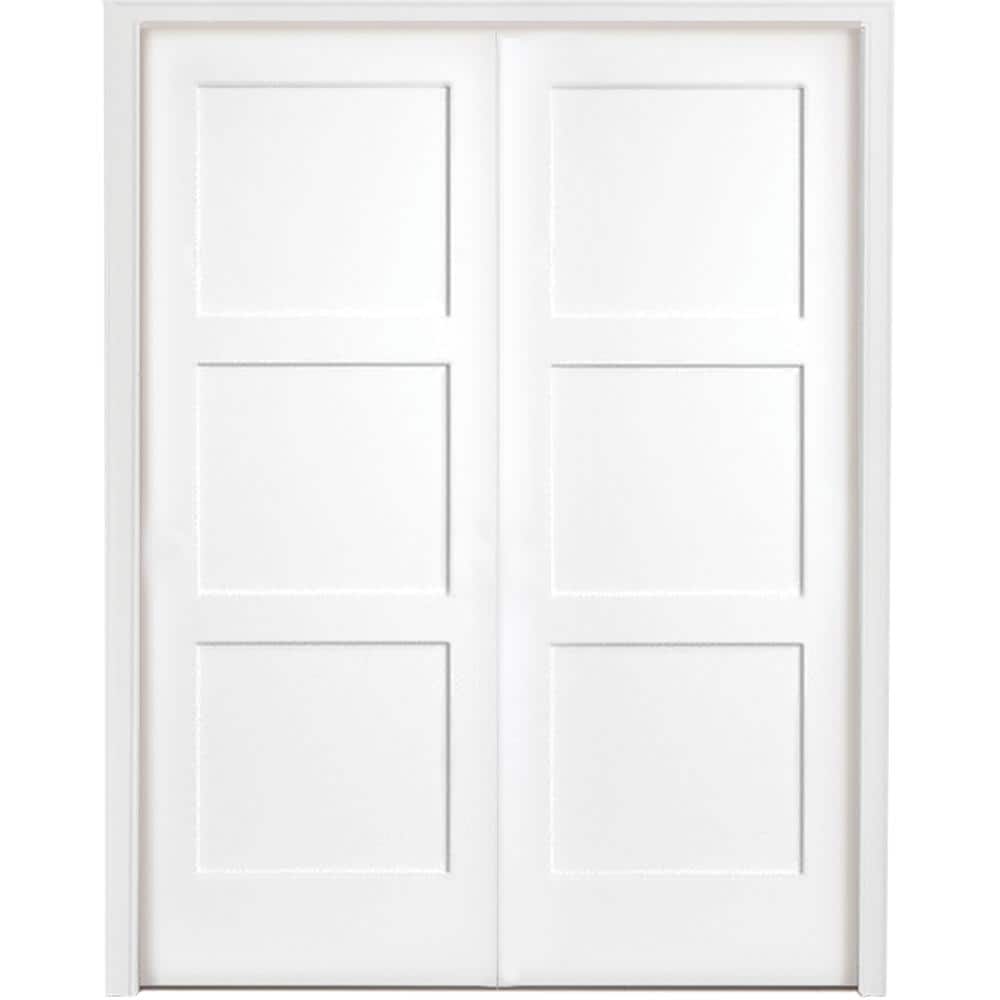 Steves & Sons 60 in. x 80 in. 3-Panel Equal Shaker White Primed Solid ...