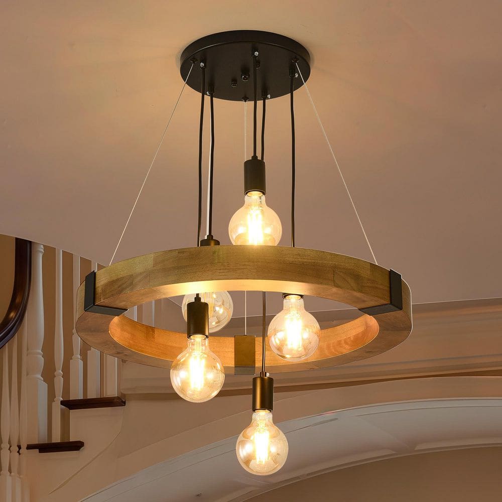 BAOURE 5 Light Fixture Brown Round Wood Chandelier Rustic Pendant Light ...
