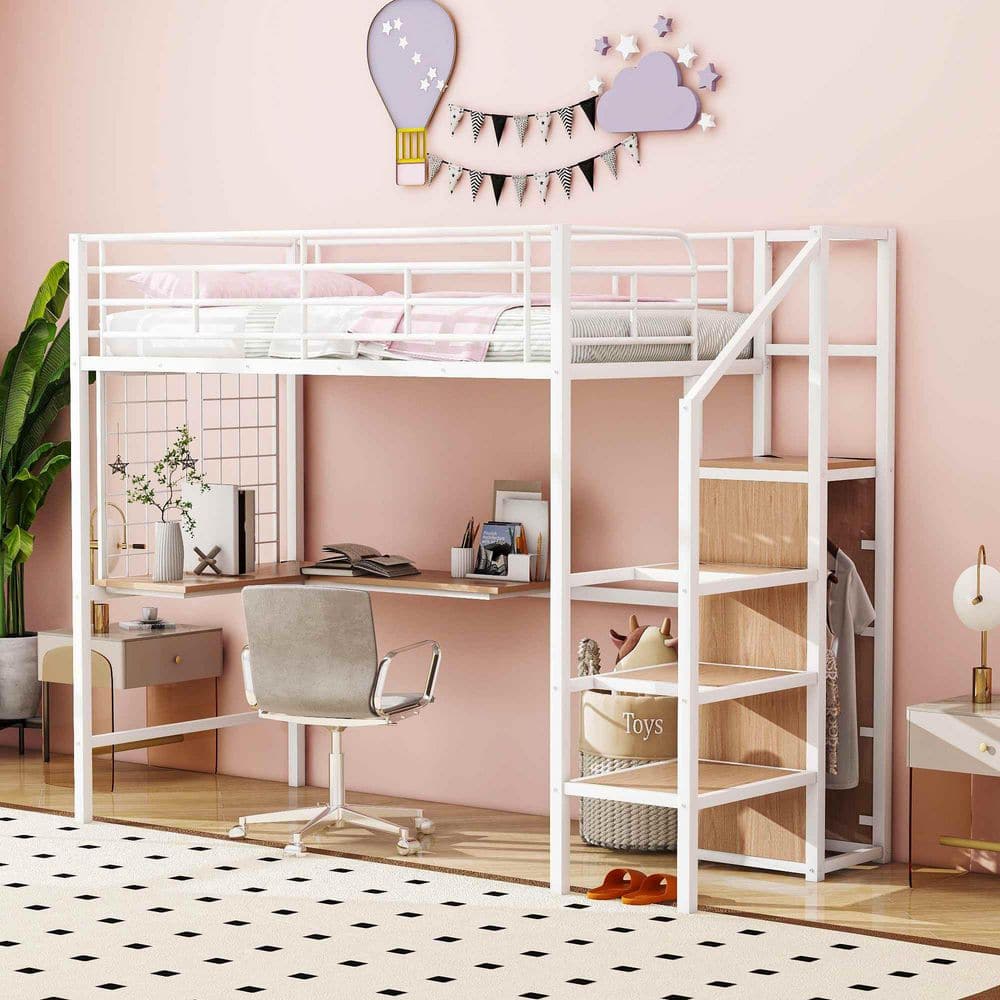 Polibi White Twin Size Wood Loft Bed with Desk and Metal Grid, Stylish Metal Frame Bed with ...