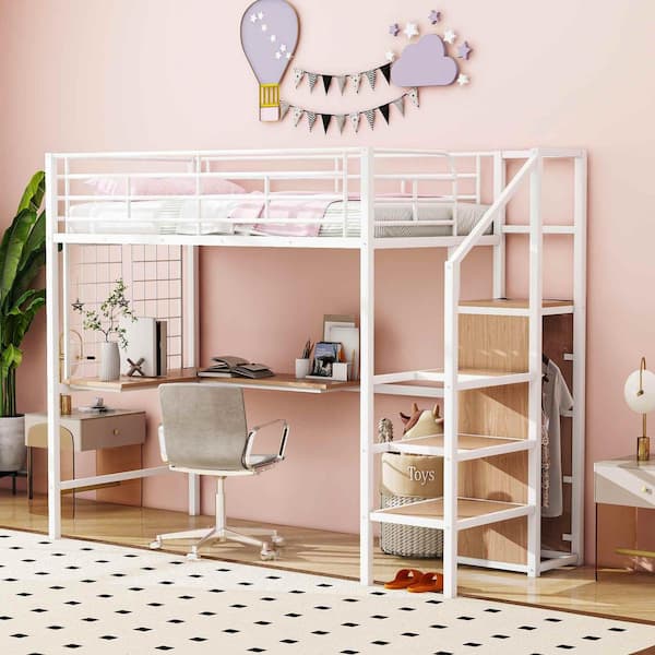Polibi White Twin Size Wood Loft Bed with Desk and Metal Grid, Stylish Metal Frame Bed with ...