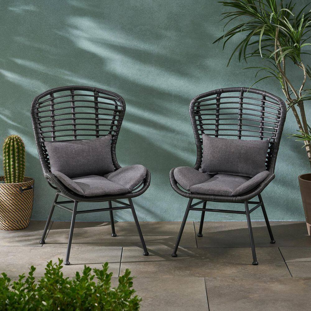 Grey Set of 2 Wicker Outdoor Lounge Chair with Gray Cushions Outdoor ...