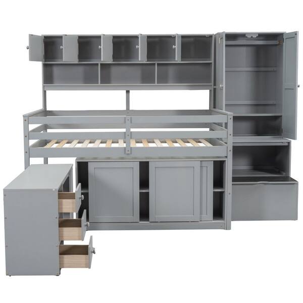 Polibi Gray Full Size Wood Loft Bed with Under-bed Desk, Drawers, Shelves RD14-19545AAE - The ...