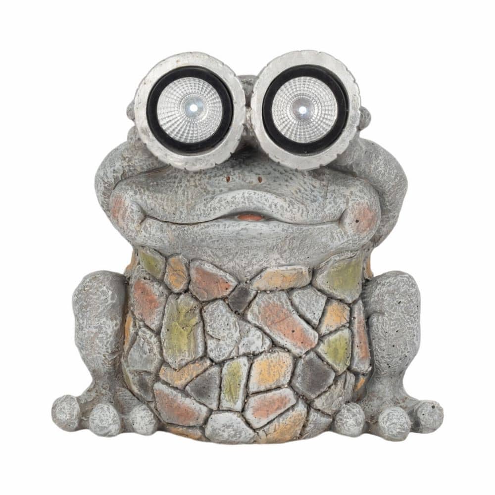 Liv & Skye Gray 11.75 in. x 12 in. Resin Frog with Solar Goggles Garden ...