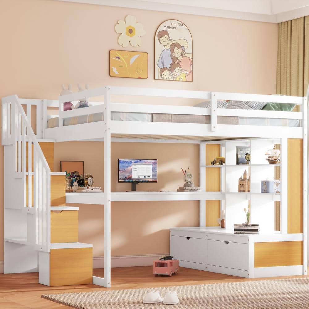 Harper & Bright Designs White and Natural Full Size Wooden Loft Bed with Storage Staircase ...