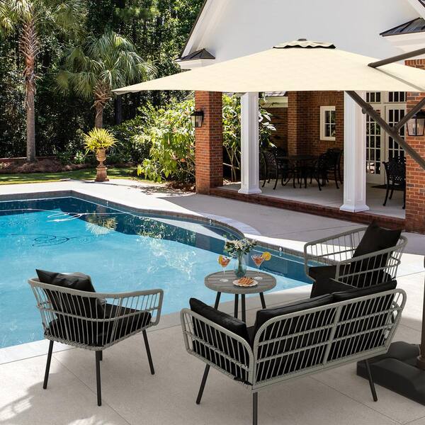 DEXTRUS Gray 4-Piece Wicker Patio Conversation Chat Set with Black ...