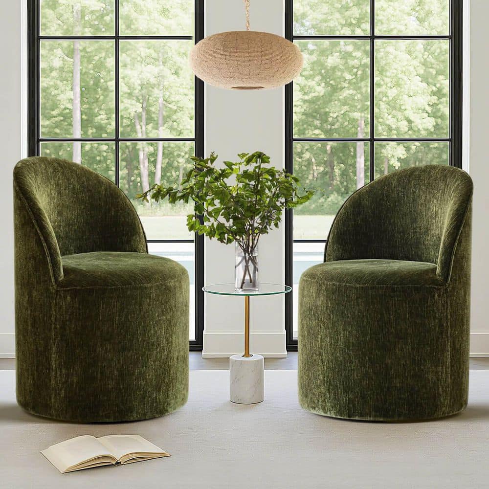 LAOTIES Olive Chenille Upholstered Barrel Dining Chair with Castors (Set of 2) DORIS-CHAIR ...