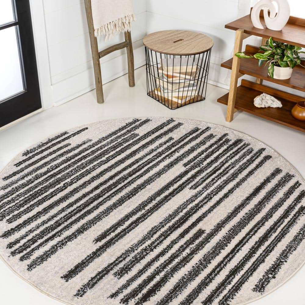 JONATHAN Y Khalil Modern Berber Stripe Cream/Black 5 ft. Round Area Rug ...