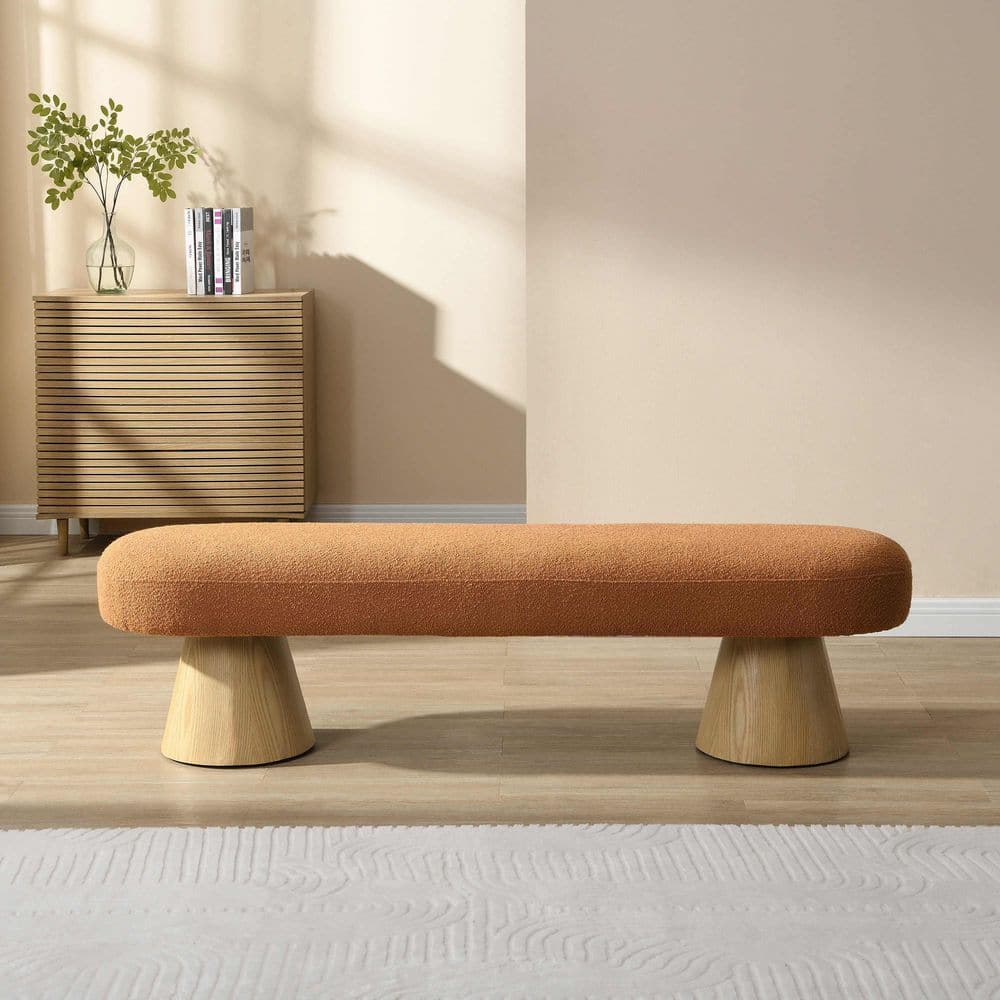 Polibi 64 in. Orange Dining Bench with Wood Leg and Upholstered Boucle ...