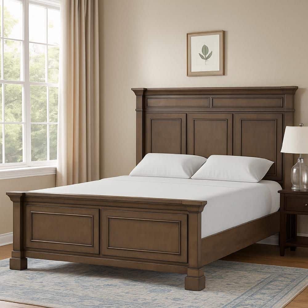 Benjara Huder Brown Wood Frame Queen Panel Bed with Transitional Panel ...