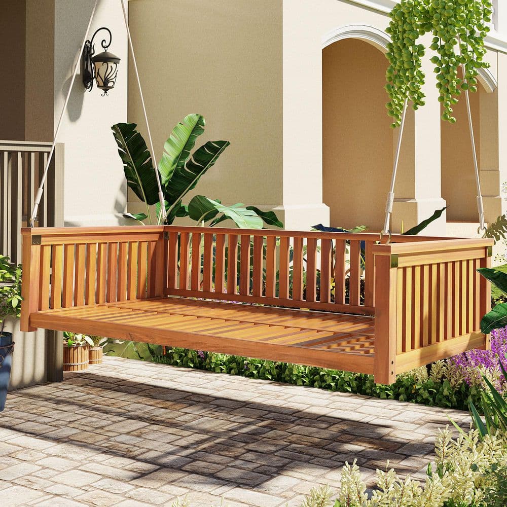 Harper & Bright Designs Twin Size Swing Bed 2-Person Frame Teak Color ...