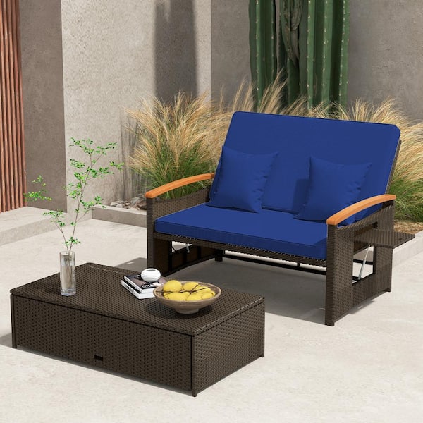 Gymax Patio Wicker Outdoor Day Bed Loveseat and Storage Ottoman Set with Navy Cushions GYM12820