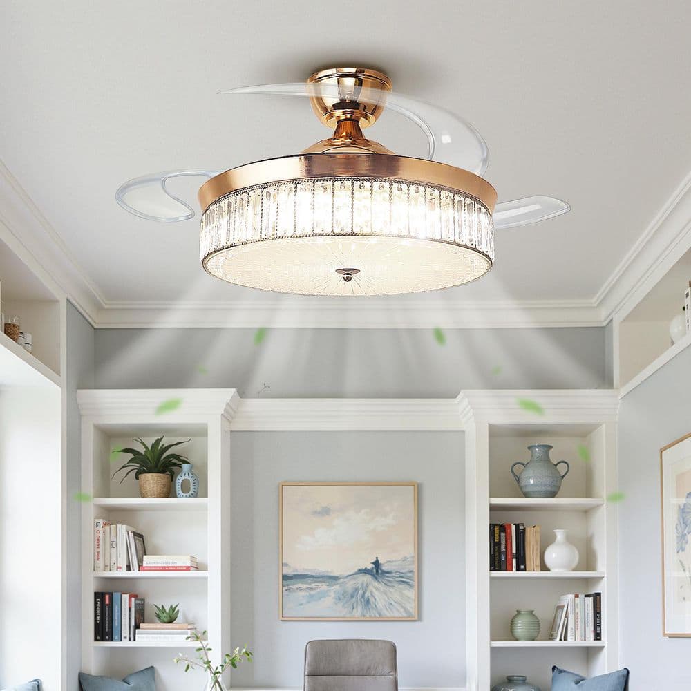 Briignite 42 in. Dimmable LED Indoor Gold Crystal and Metal Ceiling Fan ...