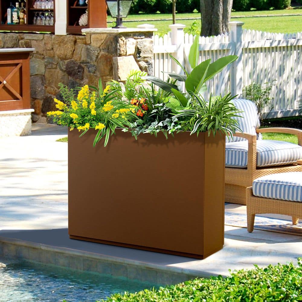 TUYOHW Tall 26 in. Metal Planter Box-Brown Rectangle Outdoor Plant Pot ...