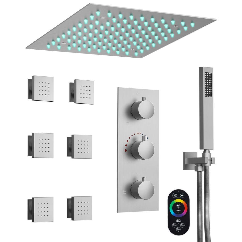 GRANDJOY RGB LED 5-Spray Ceiling Mount 12 in. Fixed and Handheld Shower ...