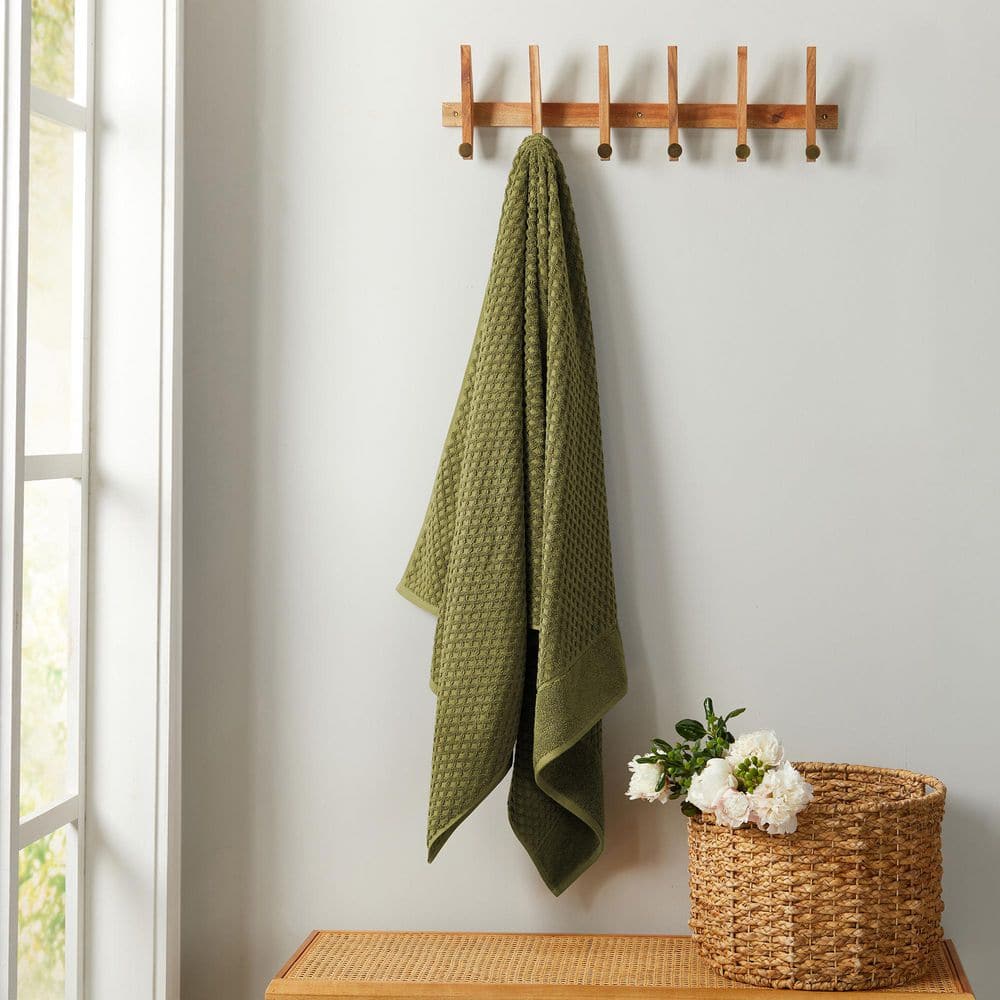 FRESHFOLDS Olive 100% Cotton Diamond Waffle Oversized Bath Sheet Set, 2 ...