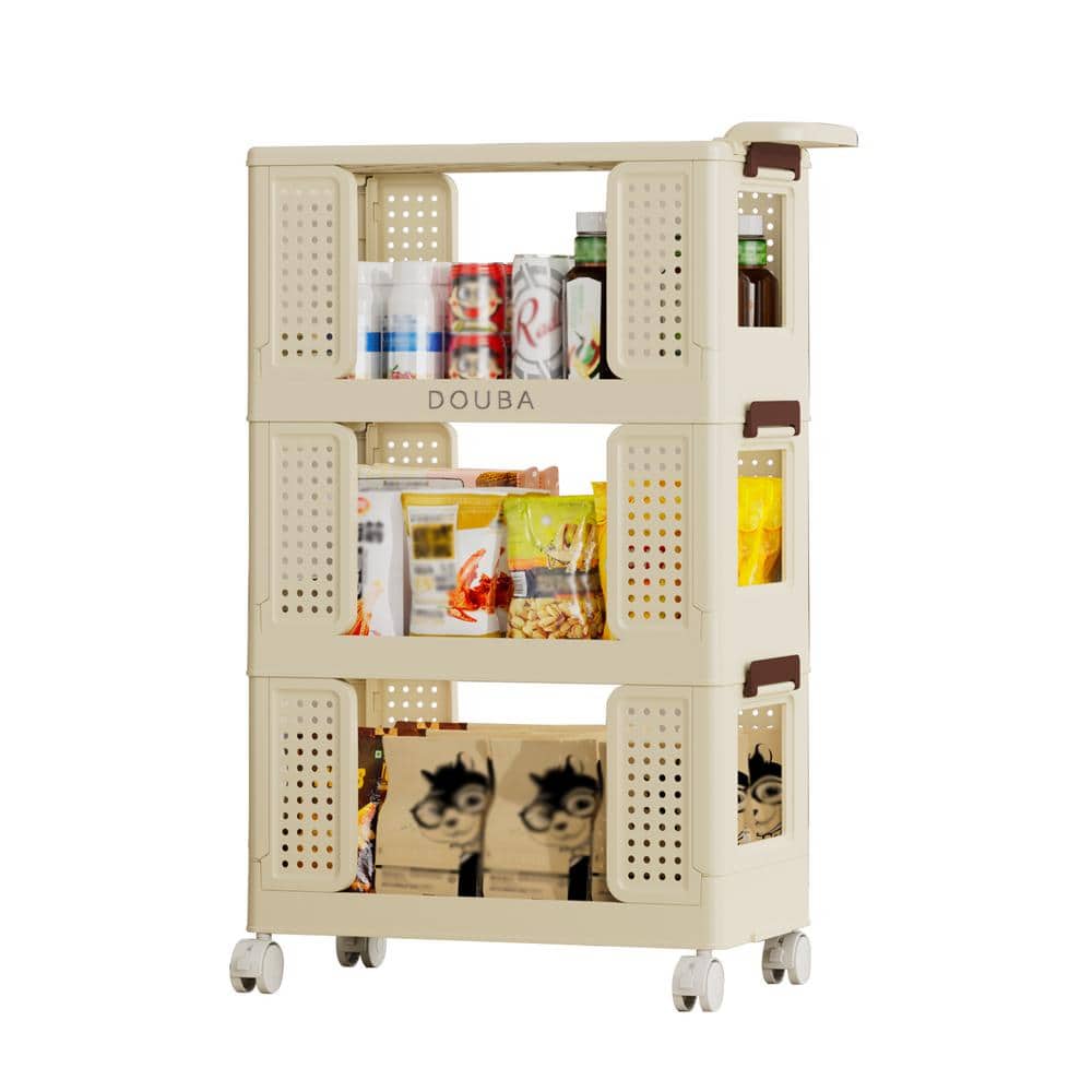IDEAGLE Beige 3-Tier Foldable Kitchen Cart, Rolling Storage Organizer ...