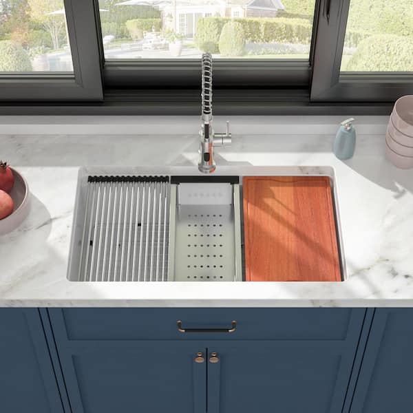 Dcolora 33in. x19 in. Workstation White Undermount/Drop-In Kitchen Sink ...