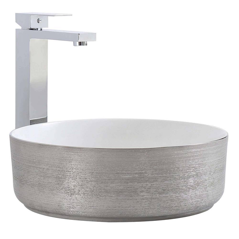 FINE FIXTURES Luxury Brushed Silver Ceramic Round Vessel Sink LV1515BS ...