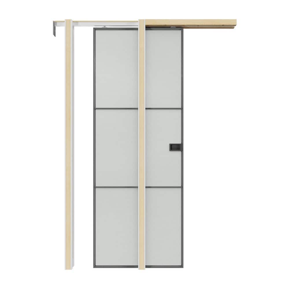 ARK DESIGN 28 in. x 80 in. 3-Lite Frosted Glass Black Finished Aluminum ...