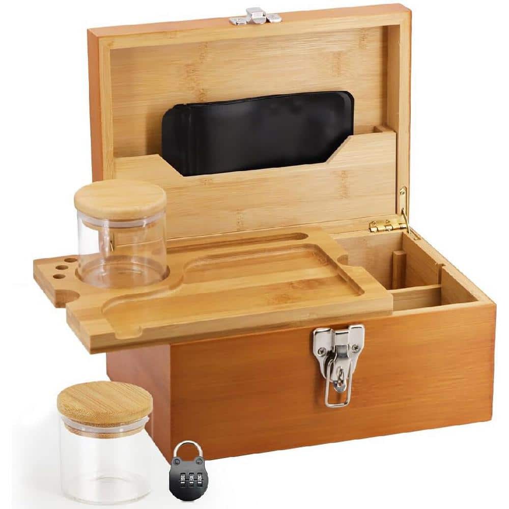 Large Bamboo wooden Box Tray Set Locking Storage Decorative Box for Home with Combination Lock 2 Glass Jars Brown AV6XJBSY The Home Depot