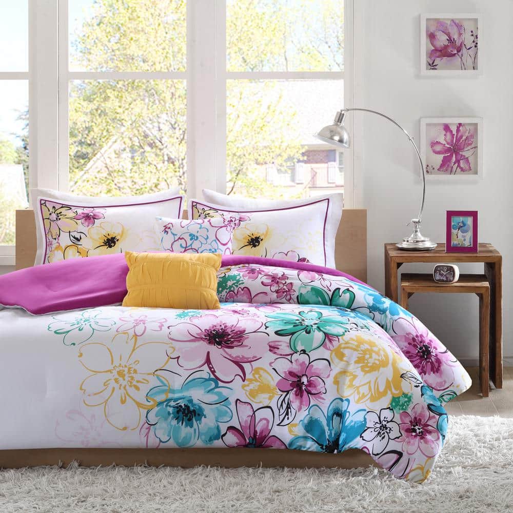 Intelligent Design Ashley 5-Piece Blue Microfiber King/Cal King Floral ...