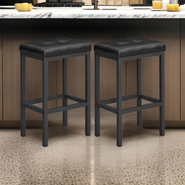 Benjara 24.4 in. Black Backless Wood Frame Bar Stool with Faux Leather ...